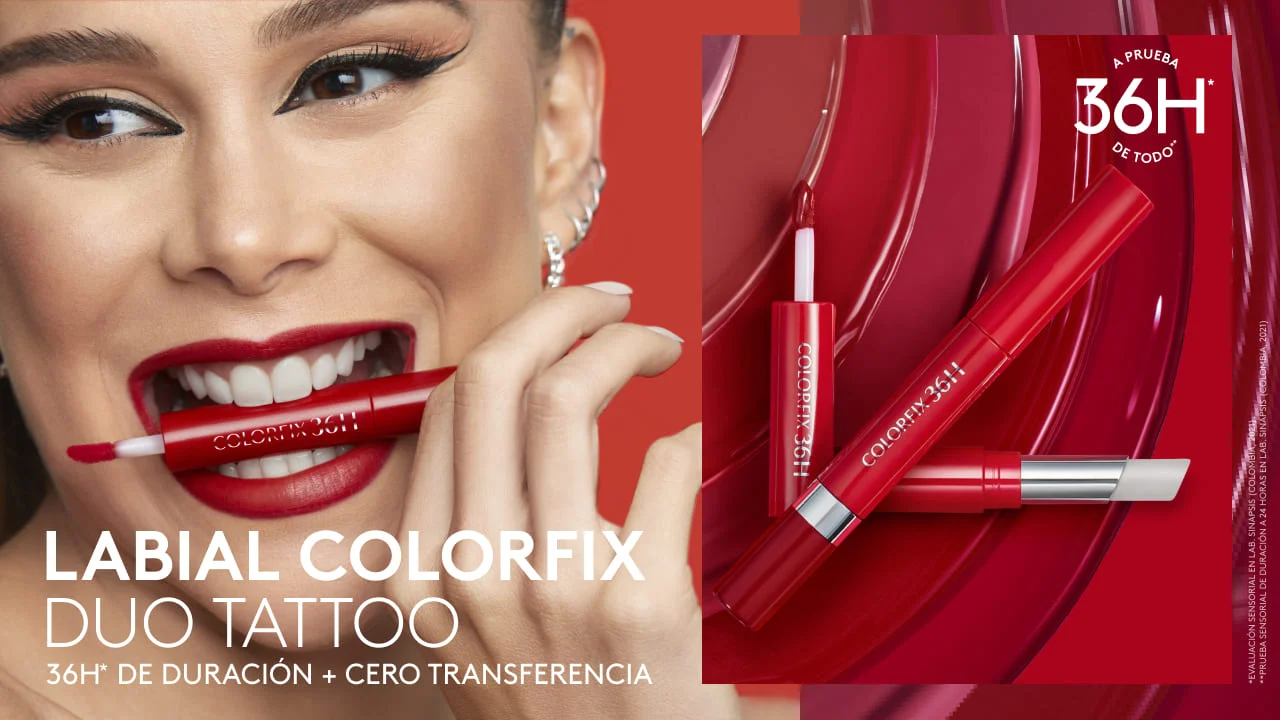 Labial COLORFIX 36H Duo Tattoo. Rojo Tentación Esika, 2gr – Munaycha Store